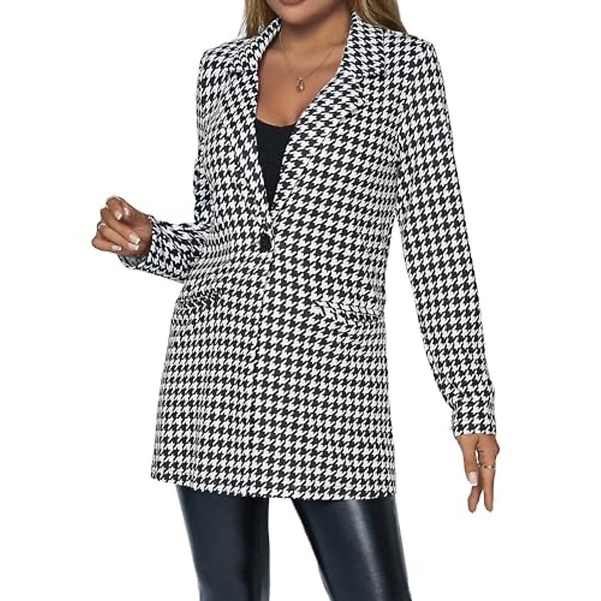 Floerns Women's Casual Work Office Open Front Striped Blazer Black White Houndstooth XL