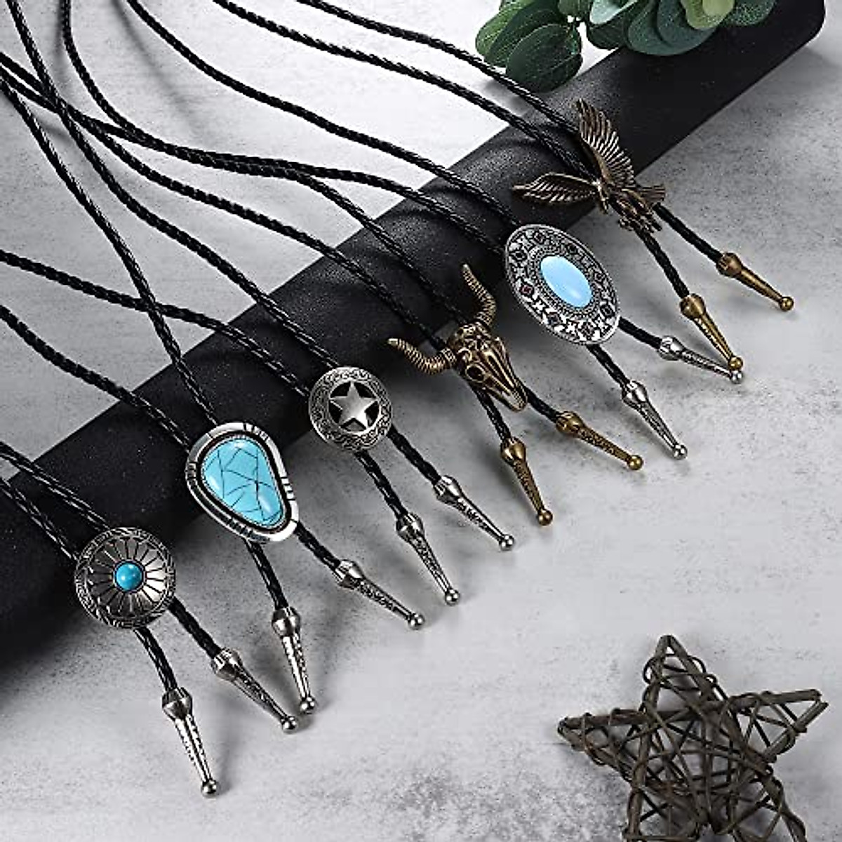 SAILIMUE 6Pcs Handmade Bolo Tie for Men Western Cowboy Leather Necktie Native American Necklaces Natural Tiger Eye Stone Turquoise Cow Skull Eagles Bolo Tie Costume Accessories for Men Women