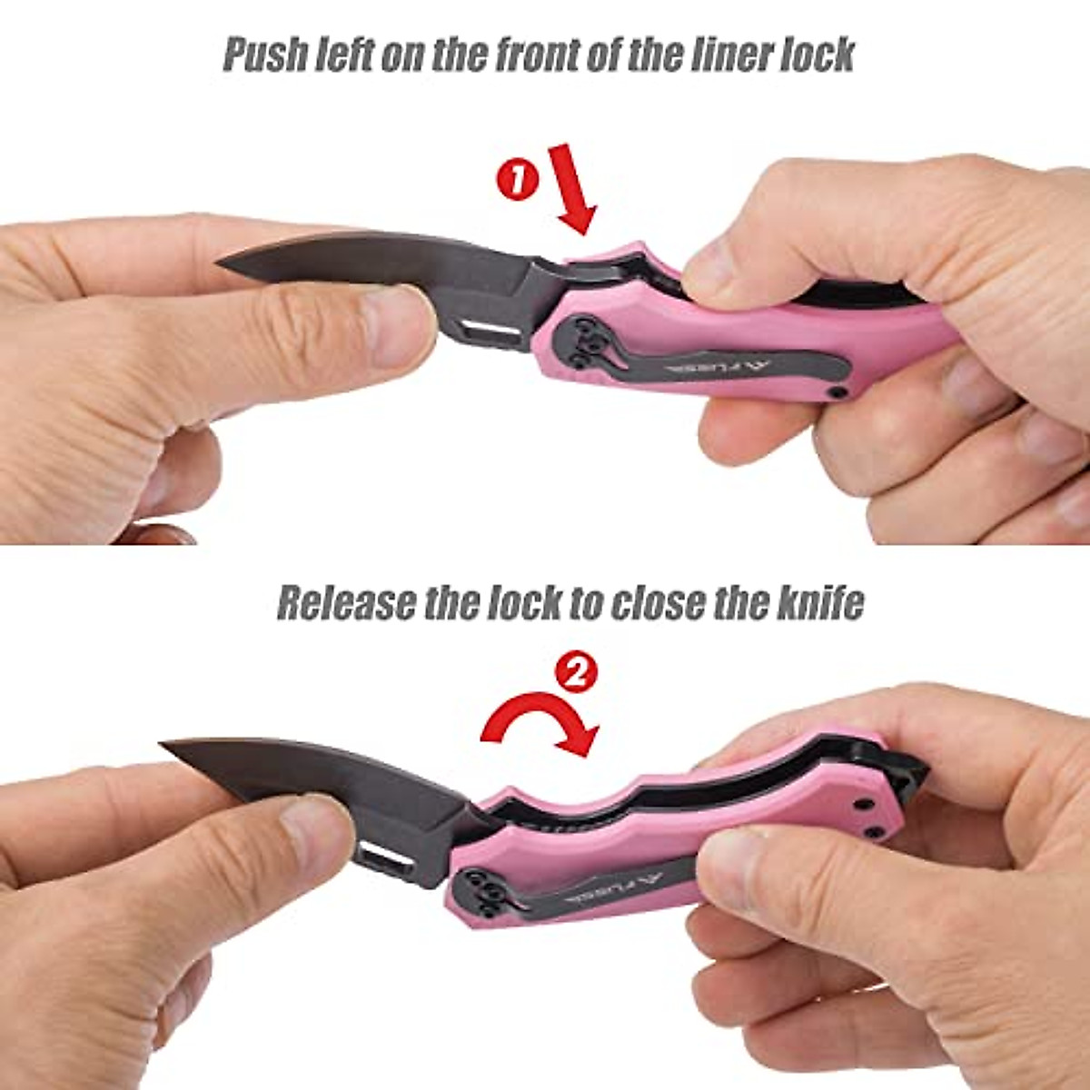 FLISSA Mini Folding Pocket Knife, 2.5-Inch Stainless Steel Drop Point Blade, EDC Pocket Knives for Women with Bottle Opener and Glass Breaker (Pink)