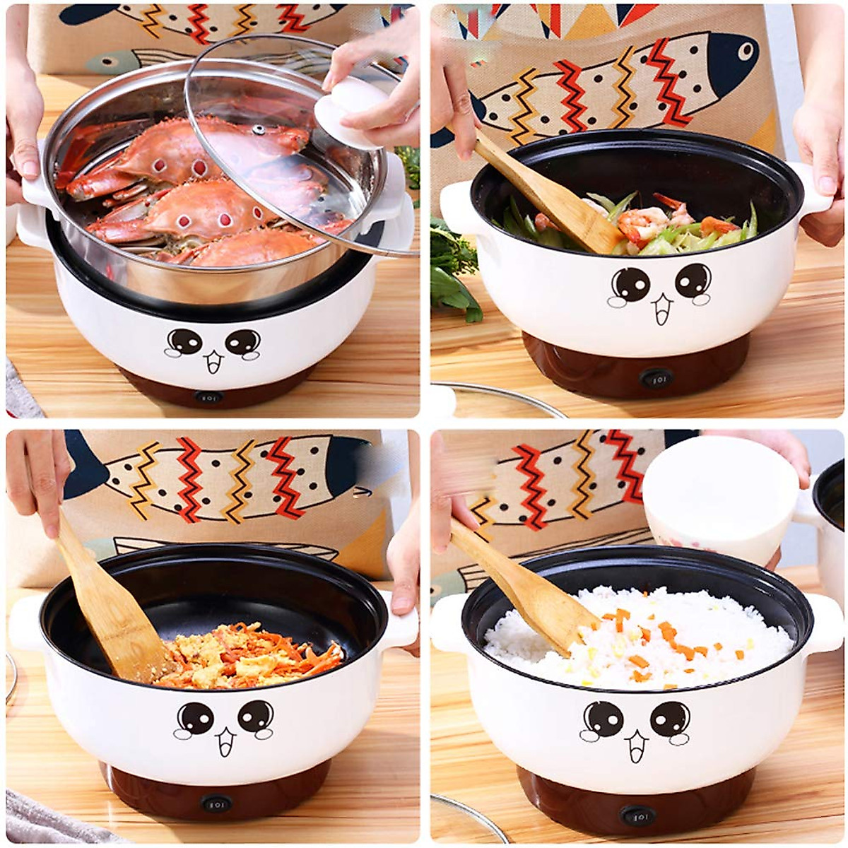 4-in-1 Multifunction Electric Skillet Non-Stick Stainless Steel Hot Pot Noodles Rice Cooker Soup Pot Portable Mini Heating Pan Cooking Fried (Diameter 26CM, 3.6L, Electric Skillet with Steam Grid)