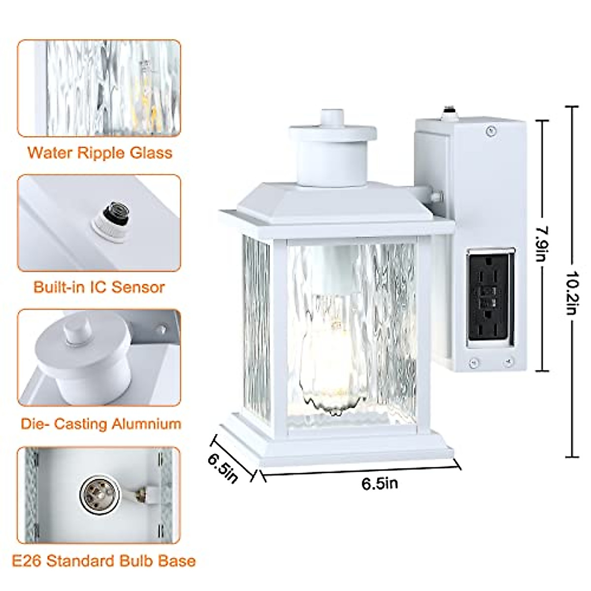 Dusk to Dawn White Outdoor Porch Lights with 2 GFCI Outlets, Waterproof Wall Lights Mount for House, Aluminum Anti-Rust Exterior Light Fixture, Wall Sconce, Wall Lamp, Wall Lantern for Balcony, Garage