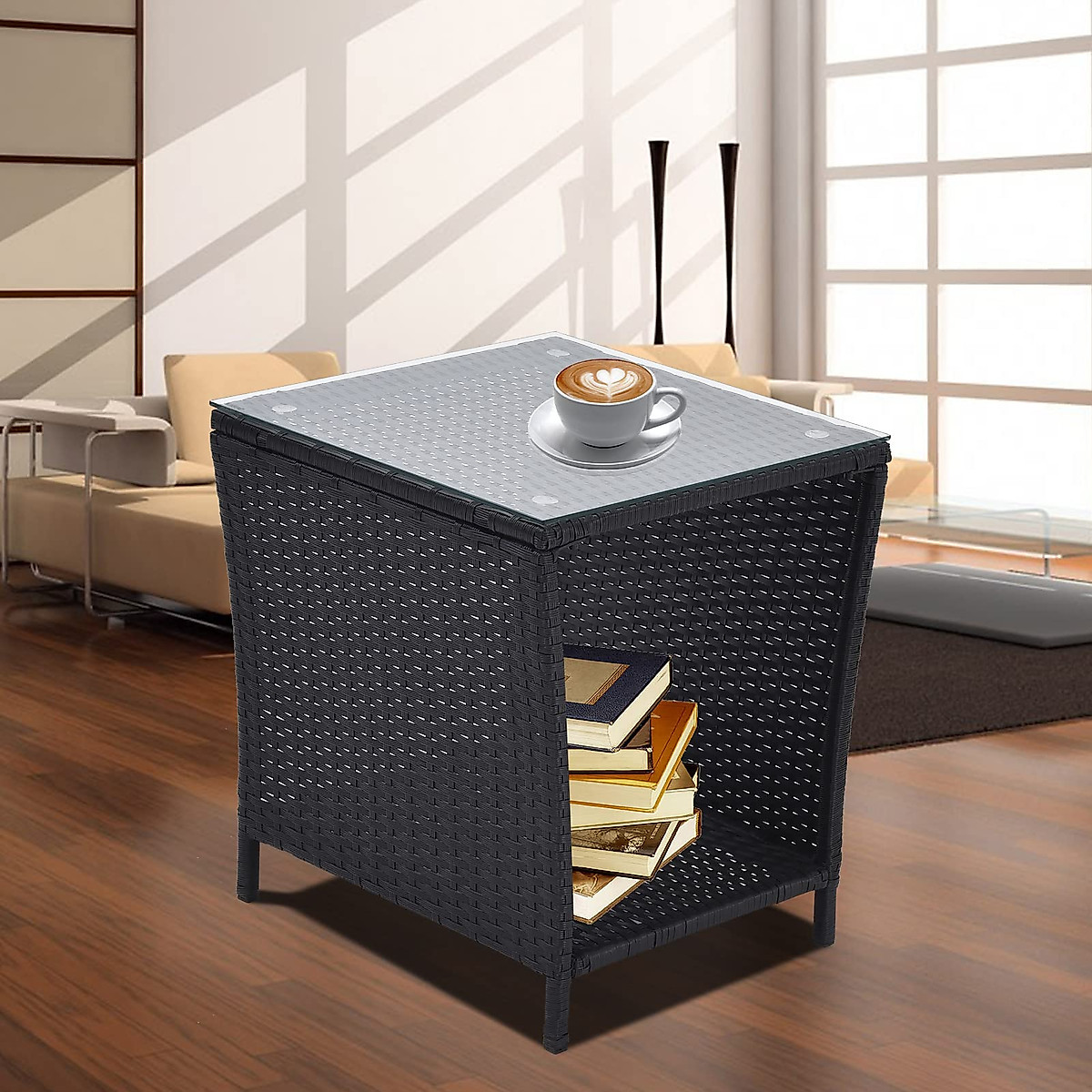 Koruiten Patio Wicker Storage Side Table,Outdoor PE Rattan Woven Coffee End Table with Tempered Glass Top for Indoor Outdoor Porch Lawn Poolside Garden Backyard Balcony(Black)