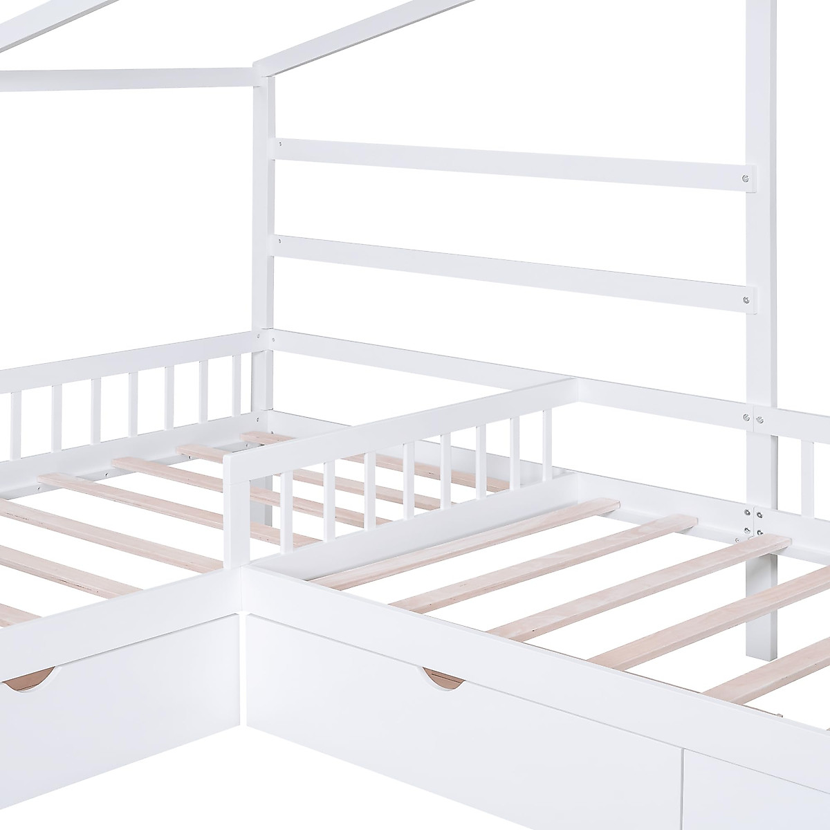 Lakifun L Shaped Bed Frame for Kids, Double Twin Corner House Bed with 3 Storage Drawers & Fence, Modern Solid Wood Platform Bed for Girls Boys Bedroom, Maximize Space (White)