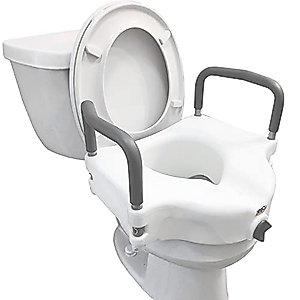 Carex 4.5 Inch Raised Toilet Seat with Arms - For Elongated Toilets, Elevated Toilet Riser with Removable Padded Handles, Easy On and Off, 300lb Weight Capacity, White