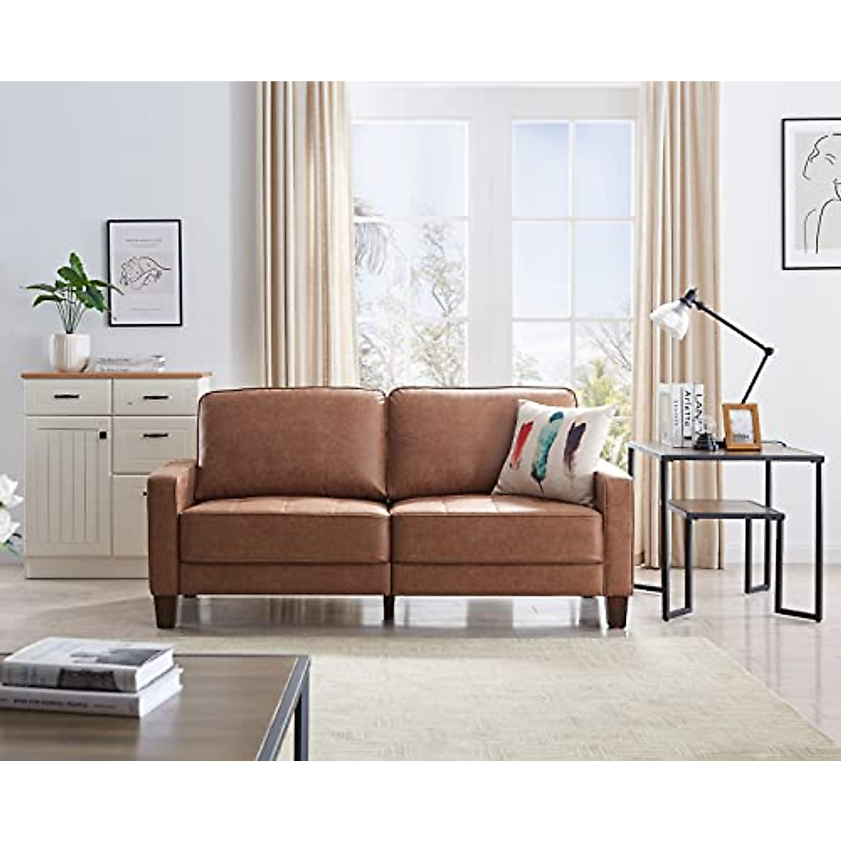 MODERION Loveseat Sofa, 70” L Couch with Solid Wood Frame, Living Room Couches with Technology Fabric, Easy Assembly 2-seat Sofa for Bedroom,Office,Small Space Yellowish Brown TSF21202LT