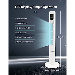 R.W.FLAME Household Tower Fans with Remote,47" Oscillating Cooling Fans Built-in Timer Portable Floor Fan, 3 Modes 3 Speeds (White, 47")
