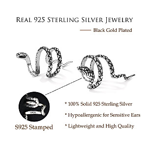 Reffeer Solid 925 Sterling Silver Snake Cuff Earrings Wraps for Women Snake Crawler Cuff Earrings No Piercing (A-Black Gold)