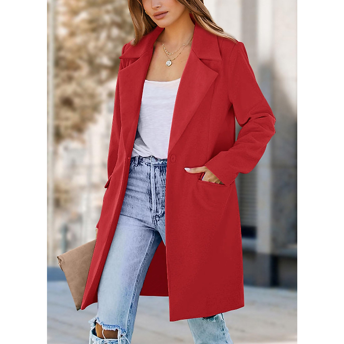 PRETTYGARDEN 2024 Fall Long Blazer Jackets for Women Long Sleeve Lapel Pockets Loose Fit Business Casual Blazers Outfits (Red,Small)