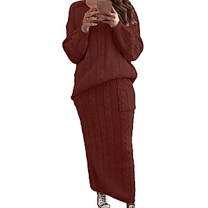 CHARTOU Women's Winter Chunky Cable Knit Long Skirt 2 Piece Outfit Sweater Sets (X-Large, Wine Red)