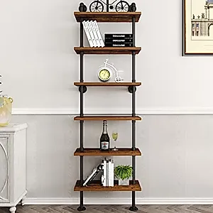 HOMEKAYT Industrial Pipe Shelf Rustic Wood Wall Shelf Ladder Bookshelf Wall Mounted Storage Decor Shelf for Home, Office, Living Room(6-Tier)-Black