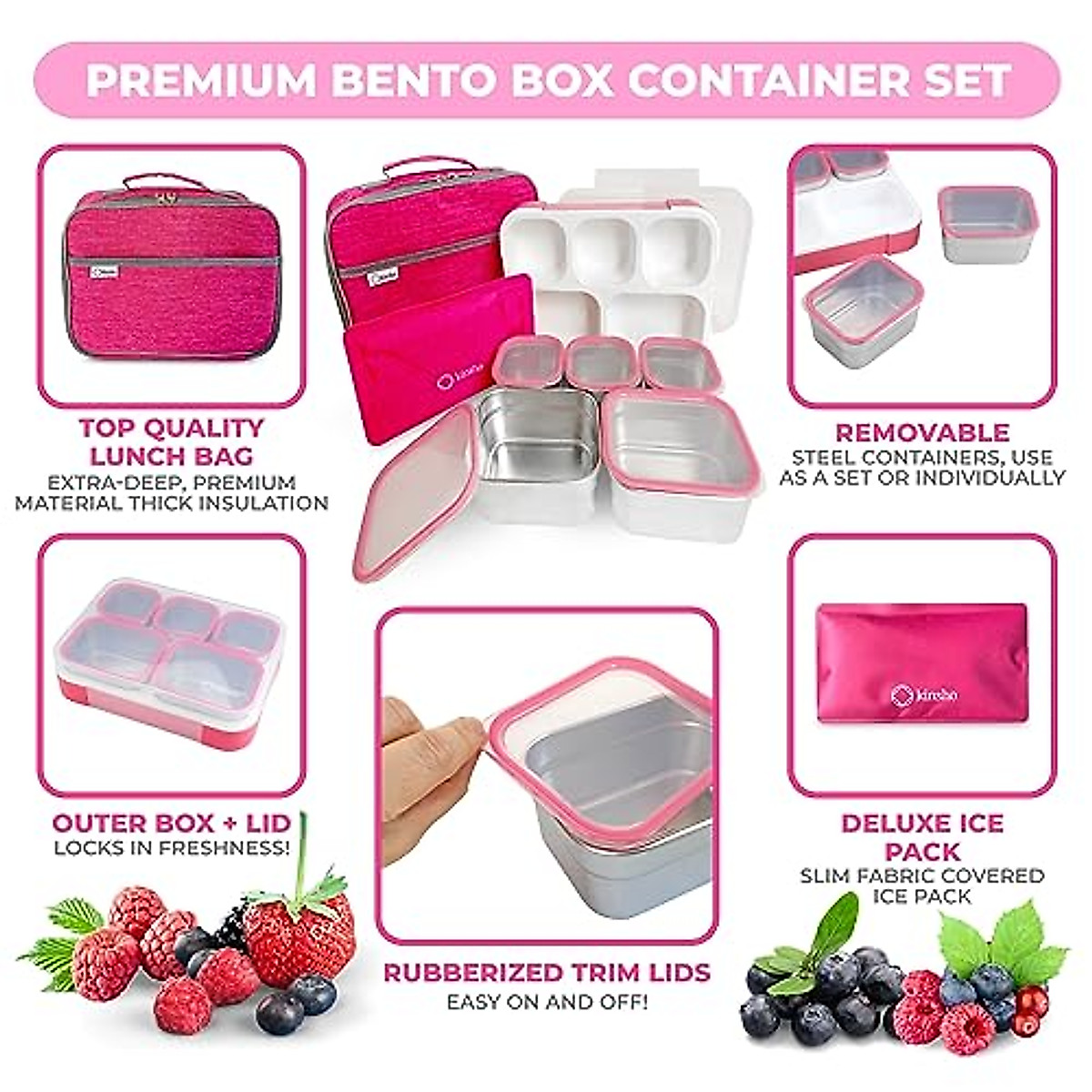 Stainless Steel Kids Bento Lunch-Box with Lunch Bag Ice Pack for Toddler Kids Adult, Leak-Proof School Lunch Container Boxes, Food Snack Containers for Child Daycare Picnic, 5 Compartment 34 oz Pink