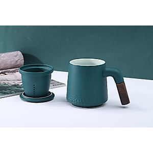 NCQIXIAO Tea Cup with Infuser and Lid, Raindrop Style Tea Mug Cups with Infuser, Wood Handle Ceramic Coffee Mug with Lid for Steeping Loose Leaf Tea 320ml/10.82OZ (Dark Green)
