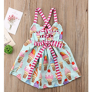YOUNGER TREE Toddler Baby Girls Summer Skirt Ice Cream Print Sleeveless Strap Backless Dress (Green, 3-4 T)