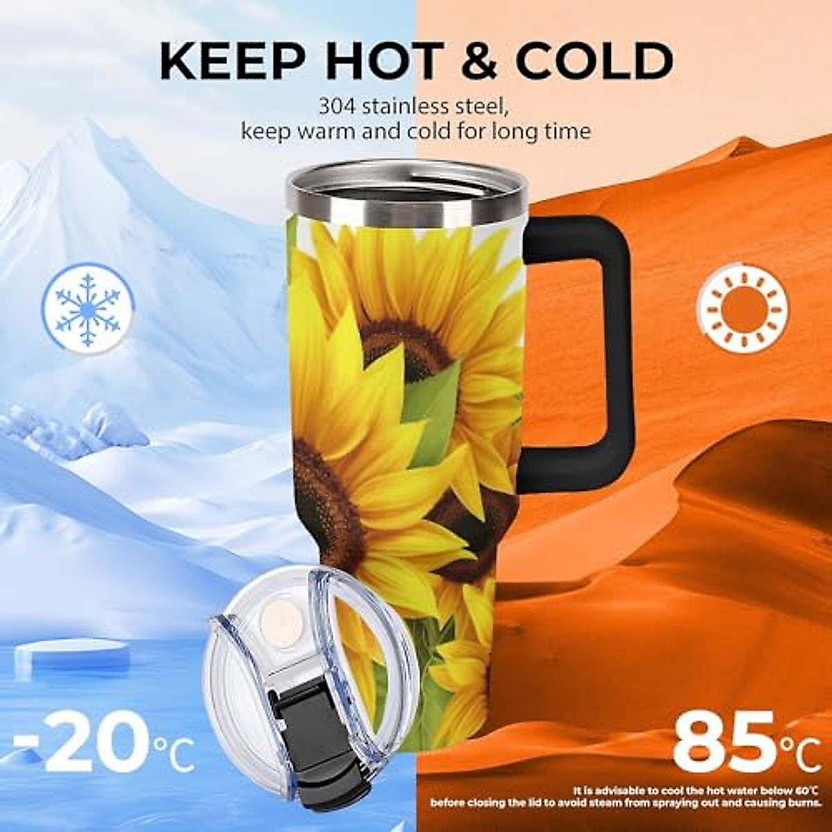 Sunflower 40 Oz Water Bottle, Stainless Steel Tumbler with Handle And Straw, Extra Large Insulated Tumbler, Flip Straw Tumblers for Sports, Work, Car, Travel And Weekends