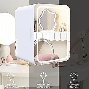 FDLQEOR Mini Fridge White with Dimmable LED Mirror(6Liter/8Can),AC/DC Powered,Cooler or Warmer, for Makeup, Skincare,Drinks and Food, Portable Mini Refrigerator for Bedroom, Office, Car