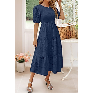 ZESICA Women's 2025 Summer Short Puff Sleeve Crewneck Smocked Floral Lace Flowy A Line Tiered Maxi Dresses,Navy,Large