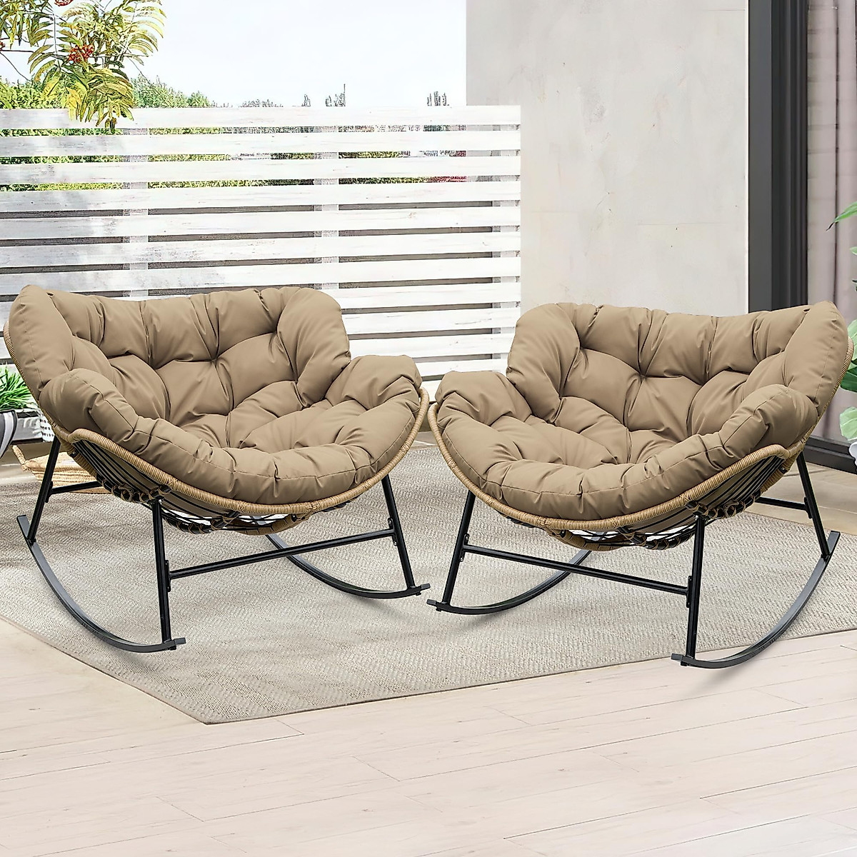 Papasan Rocking Chair Set of 2,Outdoor Indoor 450 lbs large Size Wicker Rattan Papasan Recliner Chair with Padded Cushion,Patio Lounge Rocker Chairs for Balcony Porch Garden Living Room (Brown)