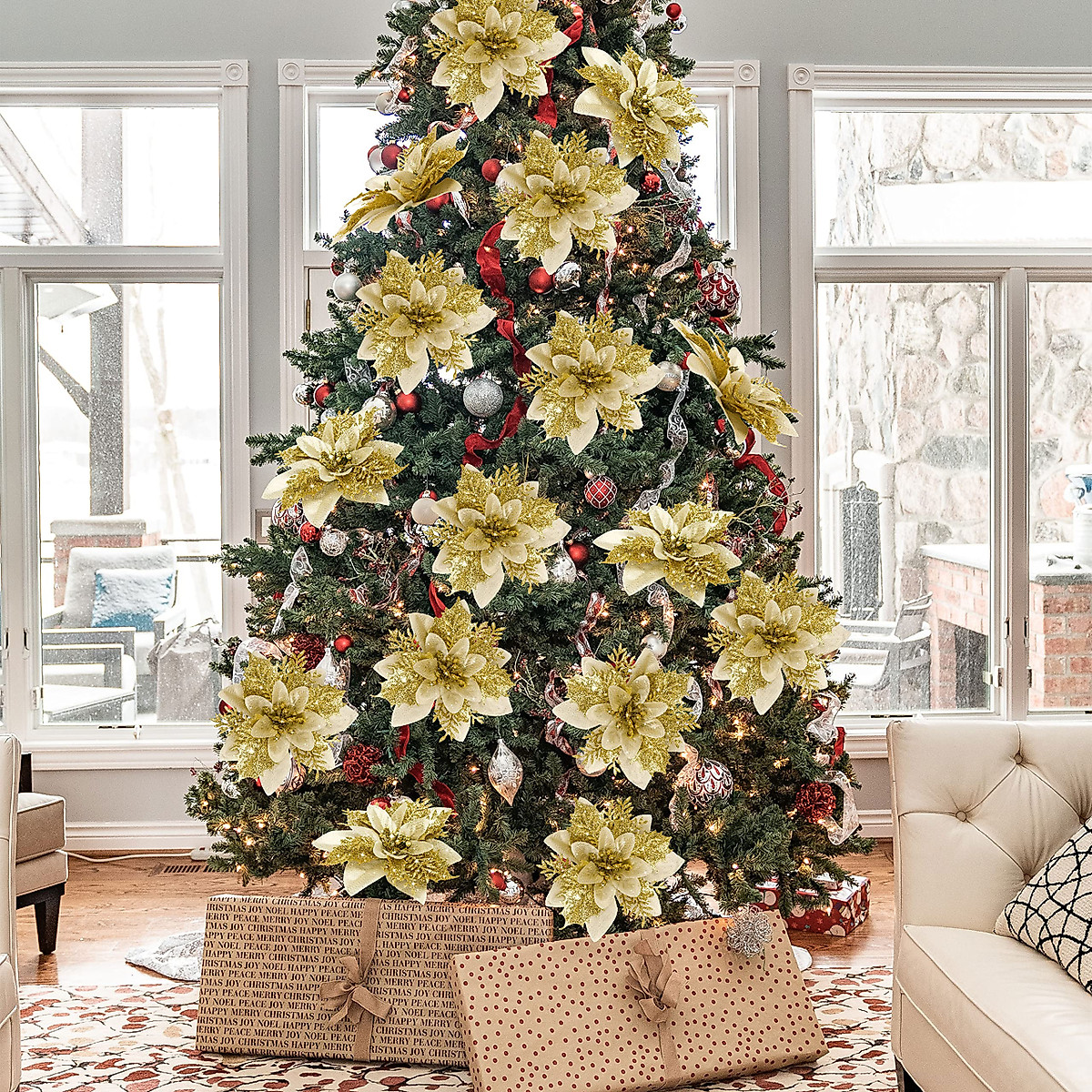 15 PCS Gold Poinsettia Flower Artificial Poinsettia with Clips Christmas Decor Glitter Poinsettia Christmas Ornaments Christmas Tree Flower Decorations with Stems DIY Xmas Wreath Holiday Party Decor