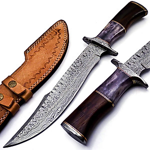 Nooraki BK-42 Handmade Damascus Steel Fixed Blade Bowie Knife with Leather Sheath, Full Tang Multipurpose Knife with Solid Marindi Wood and Bull Horn Bone Handle for Outdoor Use, 15", B/White