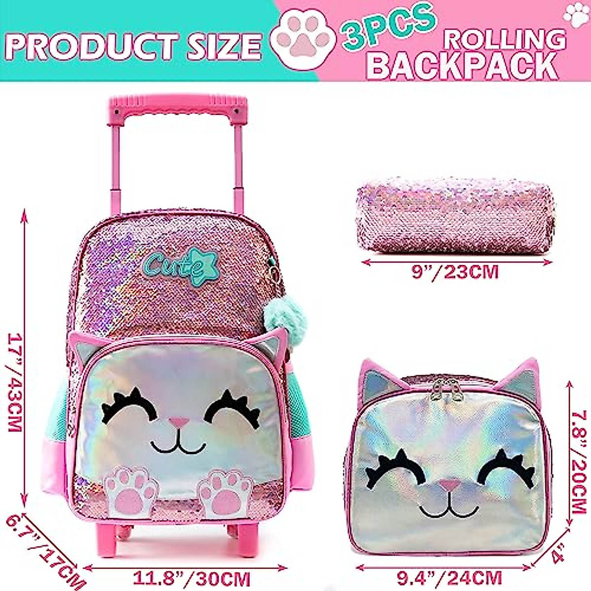 Meetbelify Rolling Backpack for Girls Cute Pink Cat School Backpack with Wheels Kids Sequin Roller Luggage for Elementary Kindergarten Students with Lunch Box Pencil Case for Girls 5-12 Years Old