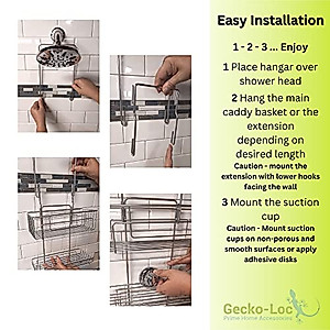 Gecko-Loc Long Adjustable Length Deep Storage Over the Showerhead Hanging Shower Caddy Organizer - Silver