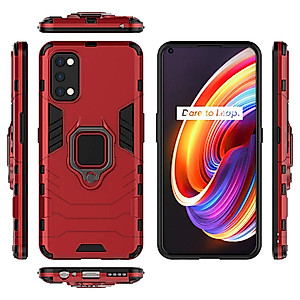 Compatible with Realme7 Pro Case, Metal Ring Grip Kickstand Shockproof Hard Bumper (Works with Magnetic Car Mount) Dual Layer Rugged Cover for Oppo Realme 7 Pro (Red)