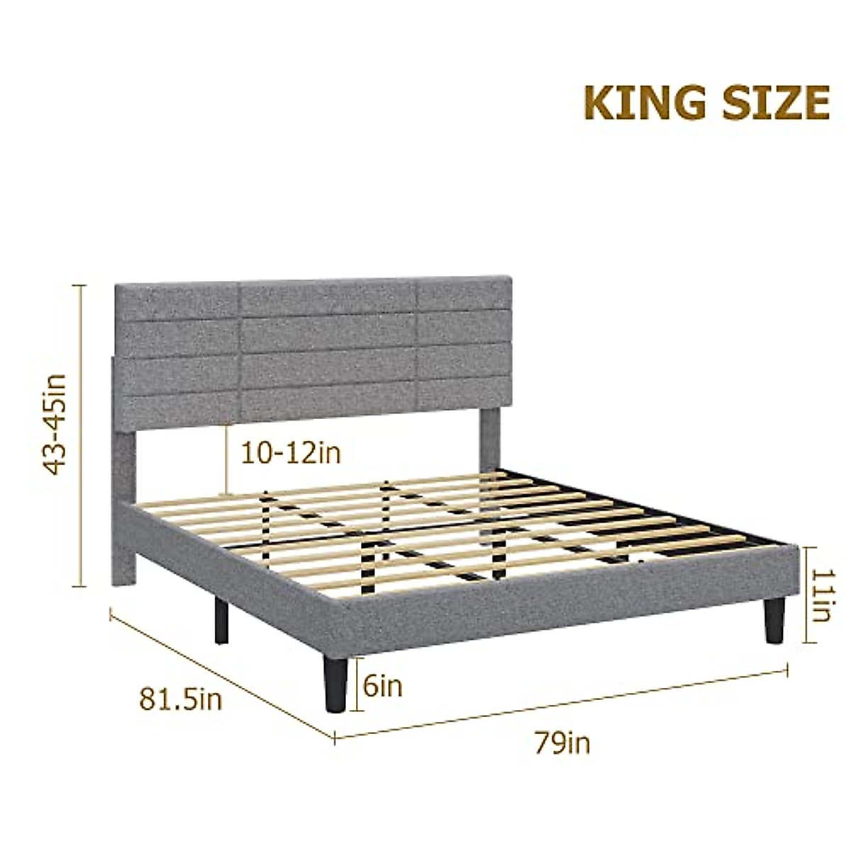 Sunrise Coast Bed Frame King Size Upholstered Platform Beds with Headboard Linen Fabric Wood Slat Support + Iron Frame, Mattress Foundation, No Box Spring Needed, Light Grey
