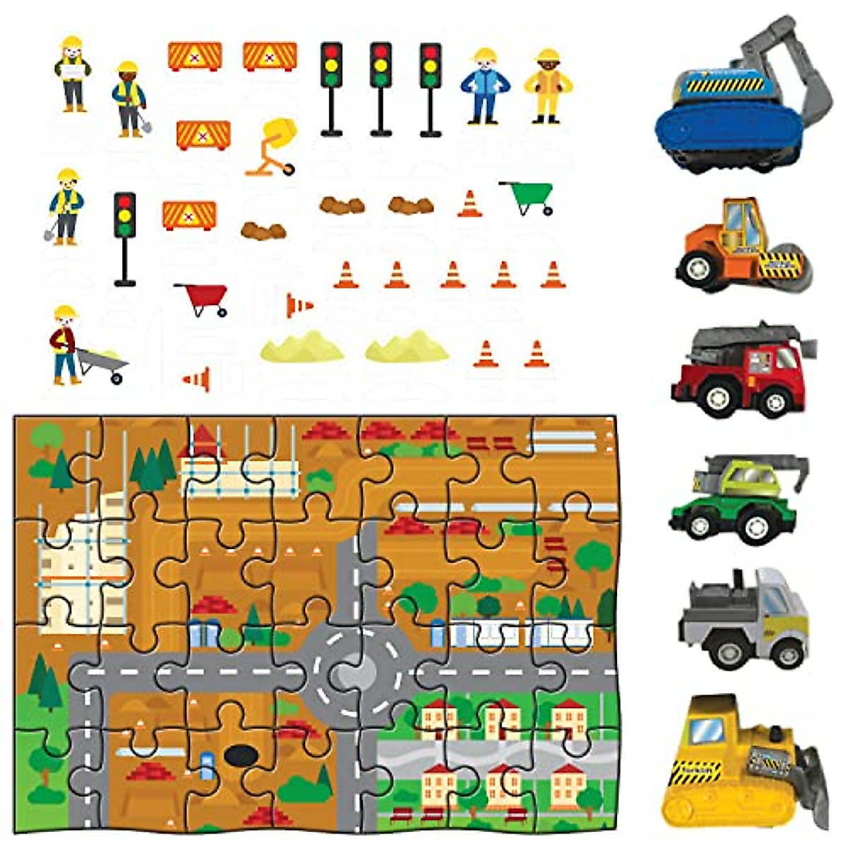 Hinkler Pull-back-and-go: Construction - 28-piece Floor Puzzle - Play Mat - Coloring and Activity Book - 6 Pull and Go Cars - Activity Set for Kids Aged 3 to 6