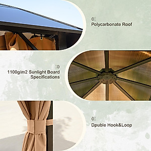 HERA'S HOUSE 10x10 Outdoor Hardtop Gazebo, Patio Canopy Flea Defence with Mosquito Netting&Curtains, Permanent Polycarbonate Tent Pergola for Lawn, Parties, Courtyard, Garden(Brown)