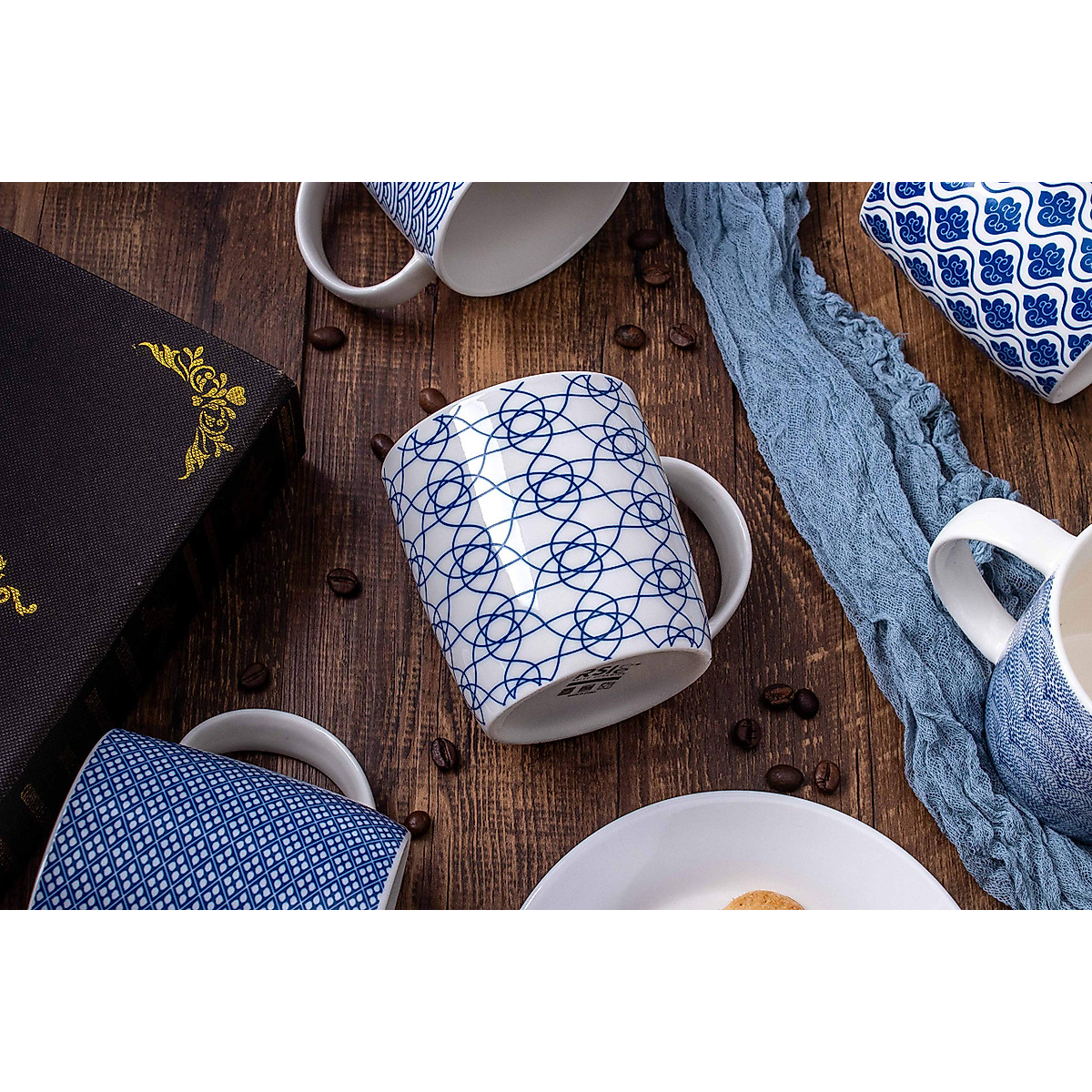 MACHUMA Set of 6 11.5 oz Coffee Mugs with Blue and White Geometric Patterns, Ceramic Tea Cup Set