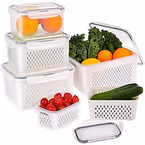 Moretoes 5pcs Fruit Containers for Fridge, Clear Berry Containers with Lid and Removable Colander Plastic Refrigerator Organizer for Food Fruits Lettuce Vegetables Berry Meat Kitchen Home