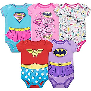 WARNER BROS Justice League Newborn Baby Girls 5 Pack Cosplay Costume Bodysuits Logo Girls 0-3 Months