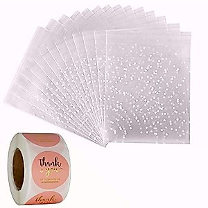 100PCS Self Adhesive Cookie Bags Treat Bags, Resealable Cellophane Bags, White Polka Dot Individual Cookie Bags with Thank You Stickers for Gift Giving