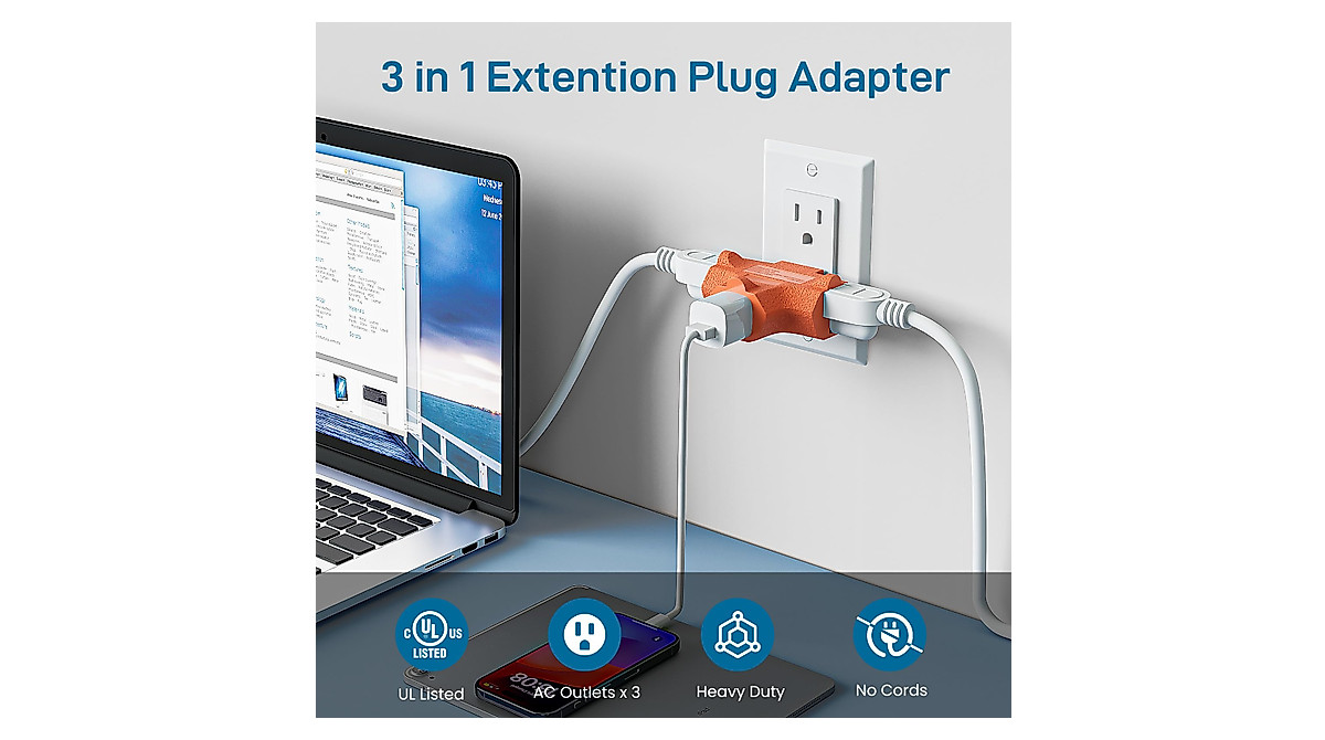 3-Outlet Grounding Adapter, Kasonic [UL Listed] Plug Extender, Heavy ...