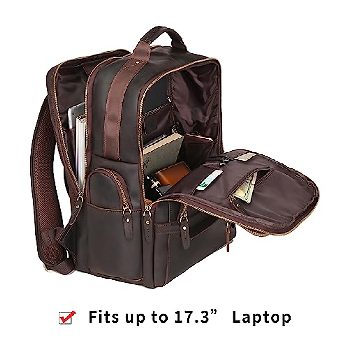 ZHYOL Full Grain Leather Backpack for Men 17.3 Inch Laptop Bag Vintage Travel Hiking Rucksack Casual Weekender Daypack