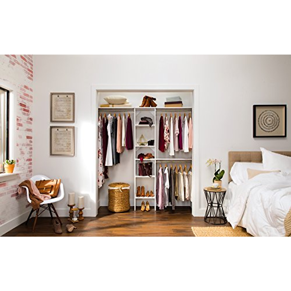 ClosetMaid SuiteSymphony Wood Closet Organizer Kit with Tower, 3 Hang Rods, Top Shelves, Adjustable, Fits Spaces 5 - 9 ft. Wide, Pure White