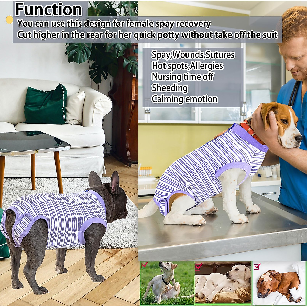 Wabdhaly Dog Surgery Recovery Suit,Surgical Recovery Suit for Large Female Dgos Spay,Zipper Closure,Combed Cotton Breathable Onesie,Purple Striped L