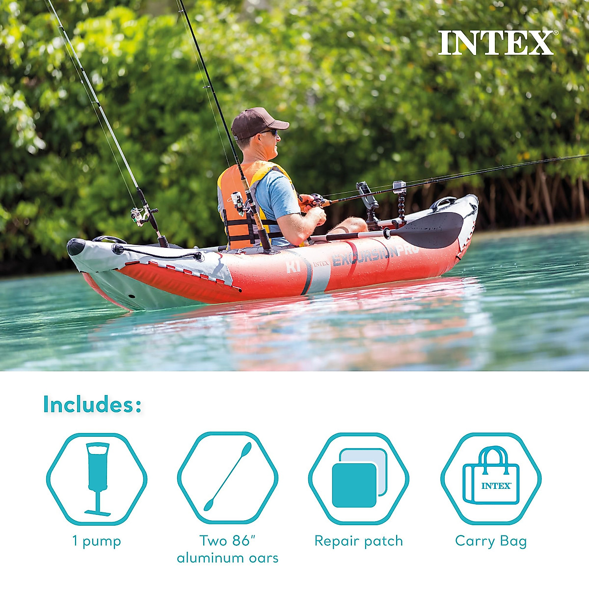 INTEX 68303EP Excursion Pro K1 Inflatable Kayak Set: Includes Deluxe 86in Kayak Paddles and High-Output Pump – SuperTough PVC – Adjustable Bucket Seat – 1-Person – 220lb Weight Capacity