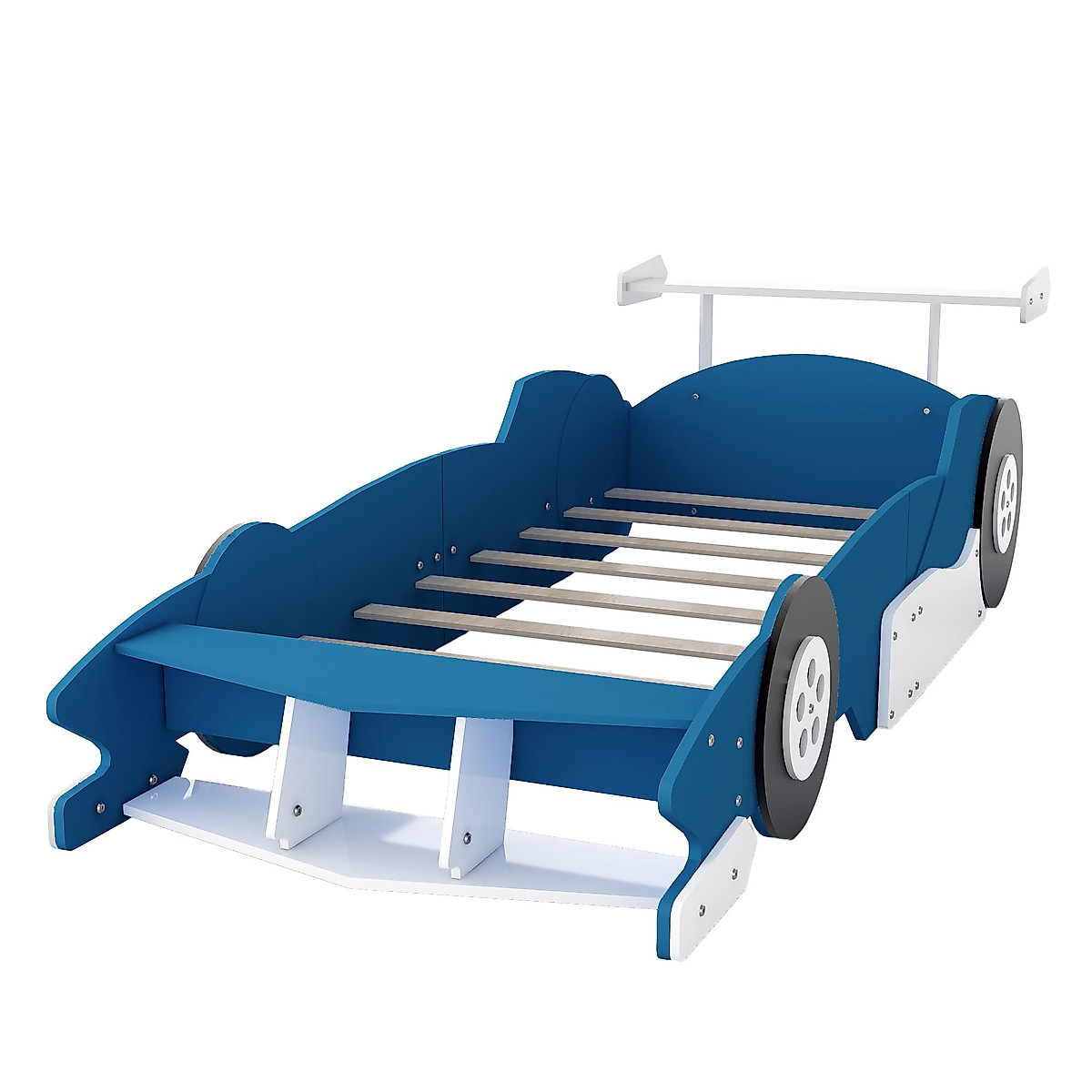 Bellemave Twin Size Race Car Bed for Kids,Wood Car-Shaped Platform Bed with Storage Shelves,Car Bed Twin with Wheels for Boys,Girls,(Twin,Blue)
