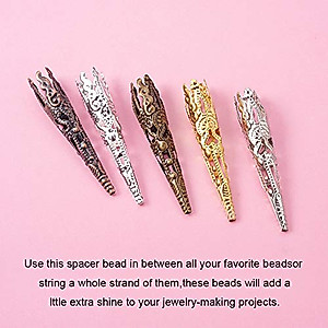 PH PandaHall 100 Pcs 5 Colors Goddess Hair Beads, 1.6 Inch Long Flower Bead Caps Bead End Hollow Bead Caps Spacers for Earring Pendant Neckalce Jewelry DIY Craft Goddess Beads for Hair Braid Jewelry