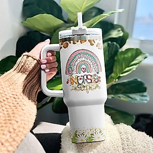 99WHALE Tumbler 40 Oz With Handle Lid And Straw, Nurse Gifts, Black Camo White Engraved Print Travel Nurses Tumblers Handle Funny Cups Nursing For, Great Nurse Rainbow Daisy Flower