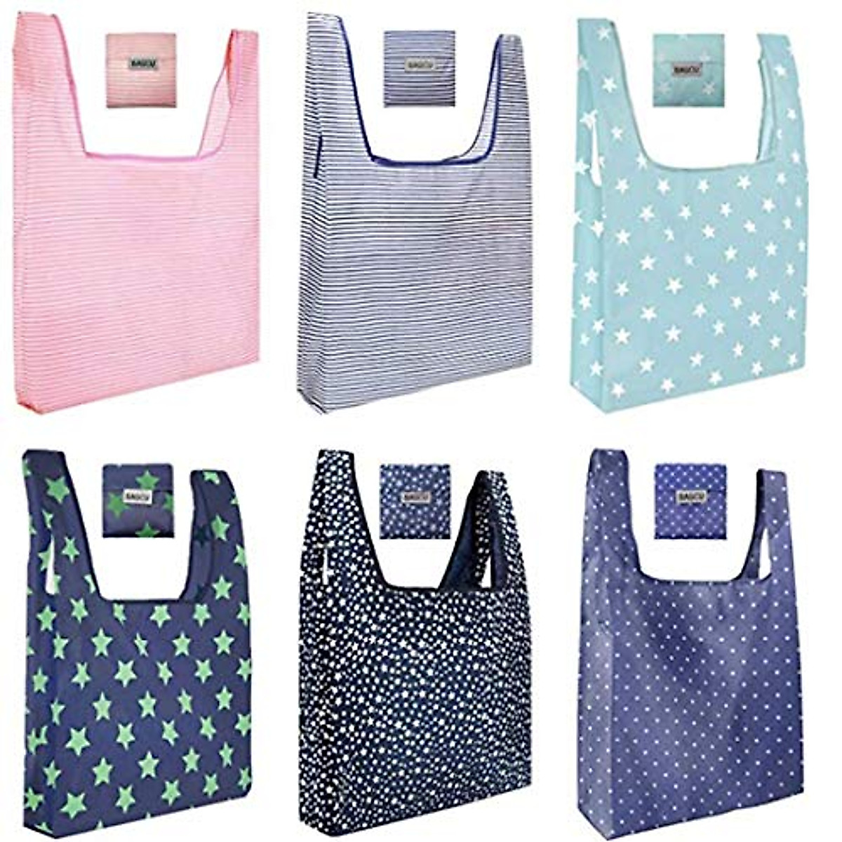 Pack of 6 Reusable Grocery Bags Set, Grocery Tote Foldable into Attached Pouch, Reinforced Polyester Reusable Shopping Bags, Washable, Durable and Lightweight