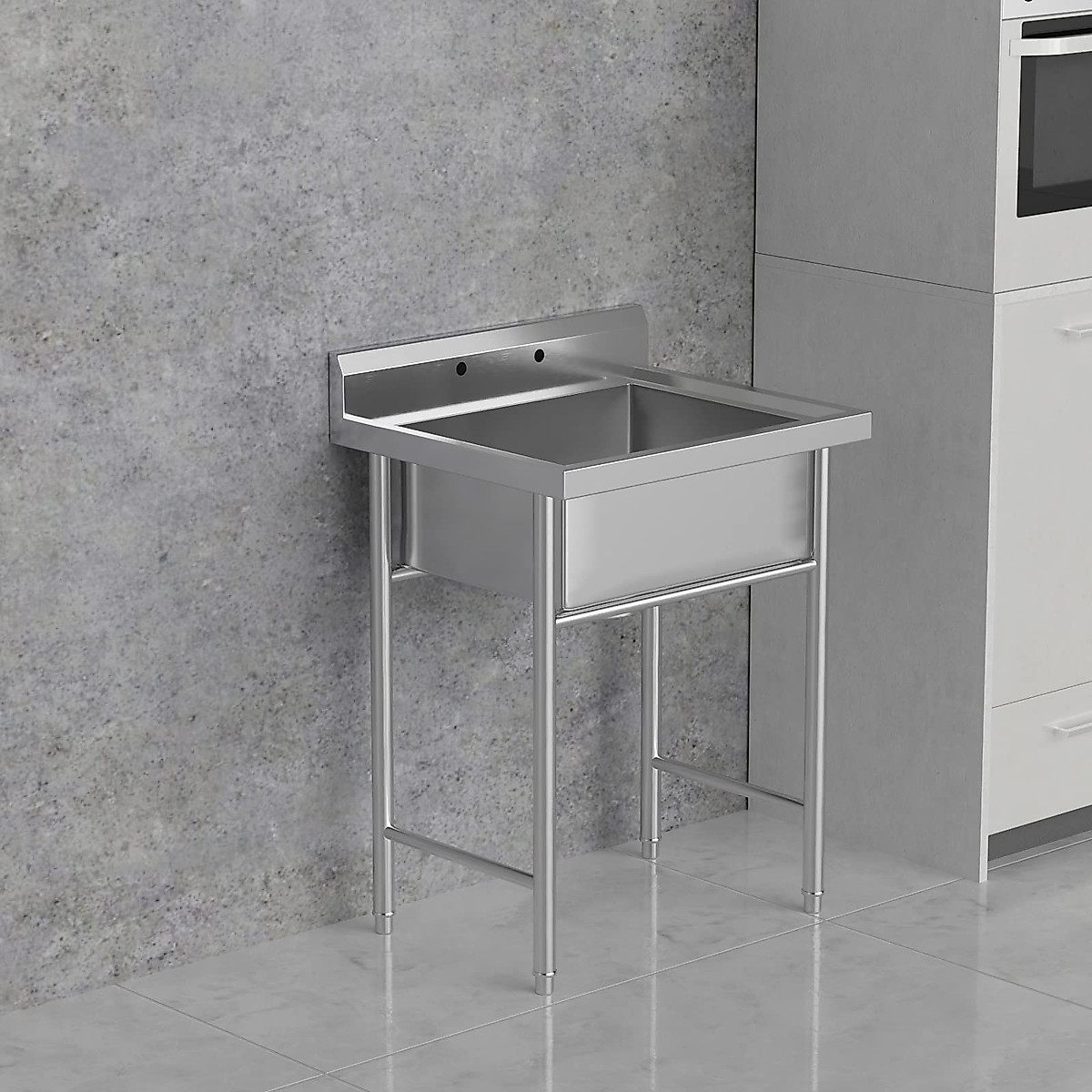 VINGLI Upgraded Free Standing 304 Stainless Steel Utility Sinks for Laundry Room with Backsplash, Industrial Garage Sink Commercial Sink for Restaurant, Workshop – 28" W x 24" D x 40.2" H