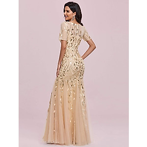 Ever-Pretty Women's Elegant Illusion Short Sleeve Crew Neck Sequin Embroidery Mermaid Evening Dresses Gold US10