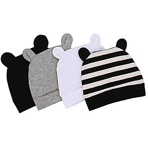 Exemaba Newborn Hats - Cute Infant Girls Boys Bear Ears Hospital Cap Unisex Baby Accessories for 0-3 Months(Black&White&Grey)