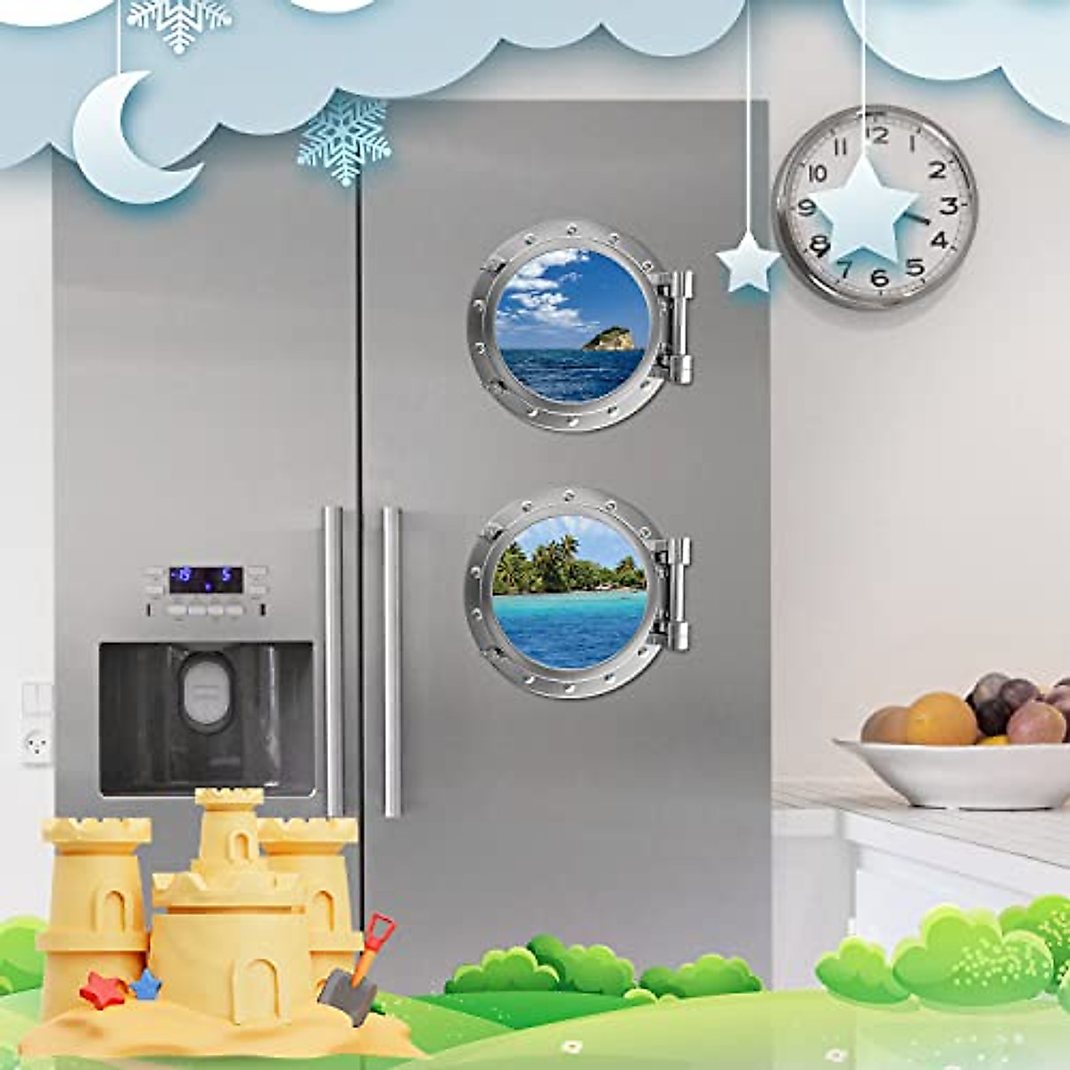 2 Pcs Cruise Door Decorations, Porthole Cruise Door Magnets 10 '' Set Palm Tree Cruise Dolphin Turtle The Sea Nature Scenery Fridge Decor for Carnival Cruise Car