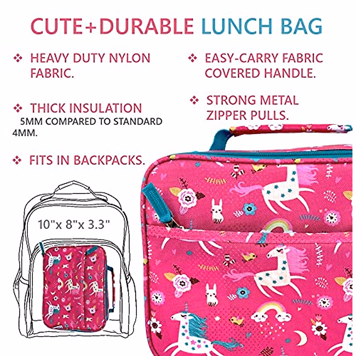 Bundle of kinsho Bento Lunch Box with Insulated Bag, Water Bottle&Ice Pack Set (Pink Unicorn) + Pencil Case for Girls, Cute Pouch Box Bag for Little Kids (Pink Unicorn)
