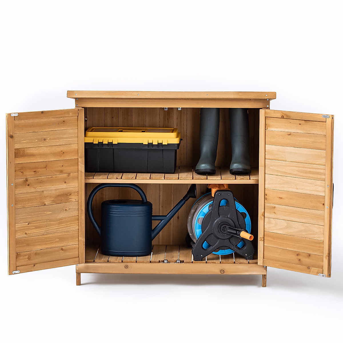 TAKUKA Outdoor Storage Cabinet with 2 Shelves, Wooden Garden Shed with Double Doors& Waterproof Roof，Outside Utility Tool Organizer for Garden Farm Backyard