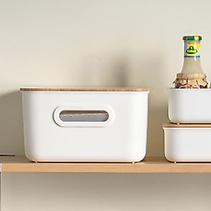 Citylife 2 PCS Storage Bins with Bamboo Lids Plastic Storage Containers for Organizing Stackable Storage Box with Handle, 15.12 x 10.67 x 5.98 inch