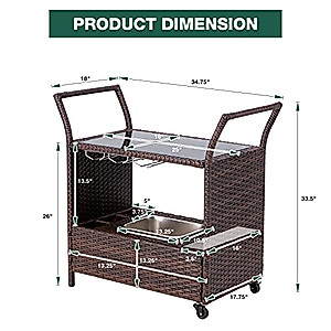 Vicluke Outdoor Wicker Bar Cart with Removable Ice Bucket, Rattan Bar Serving Cart with Glass Holder and Wheels, Beverage Cart with Glass Countertop for Pool, Party, Backyard